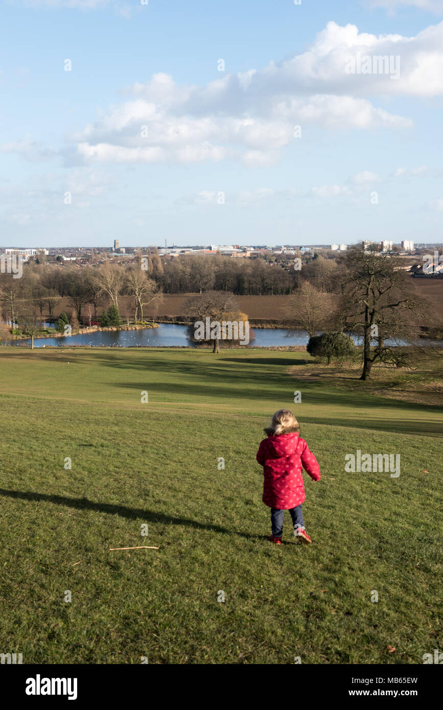 A child in a red coat stands atop a grassy hill, gazing out over trees ...