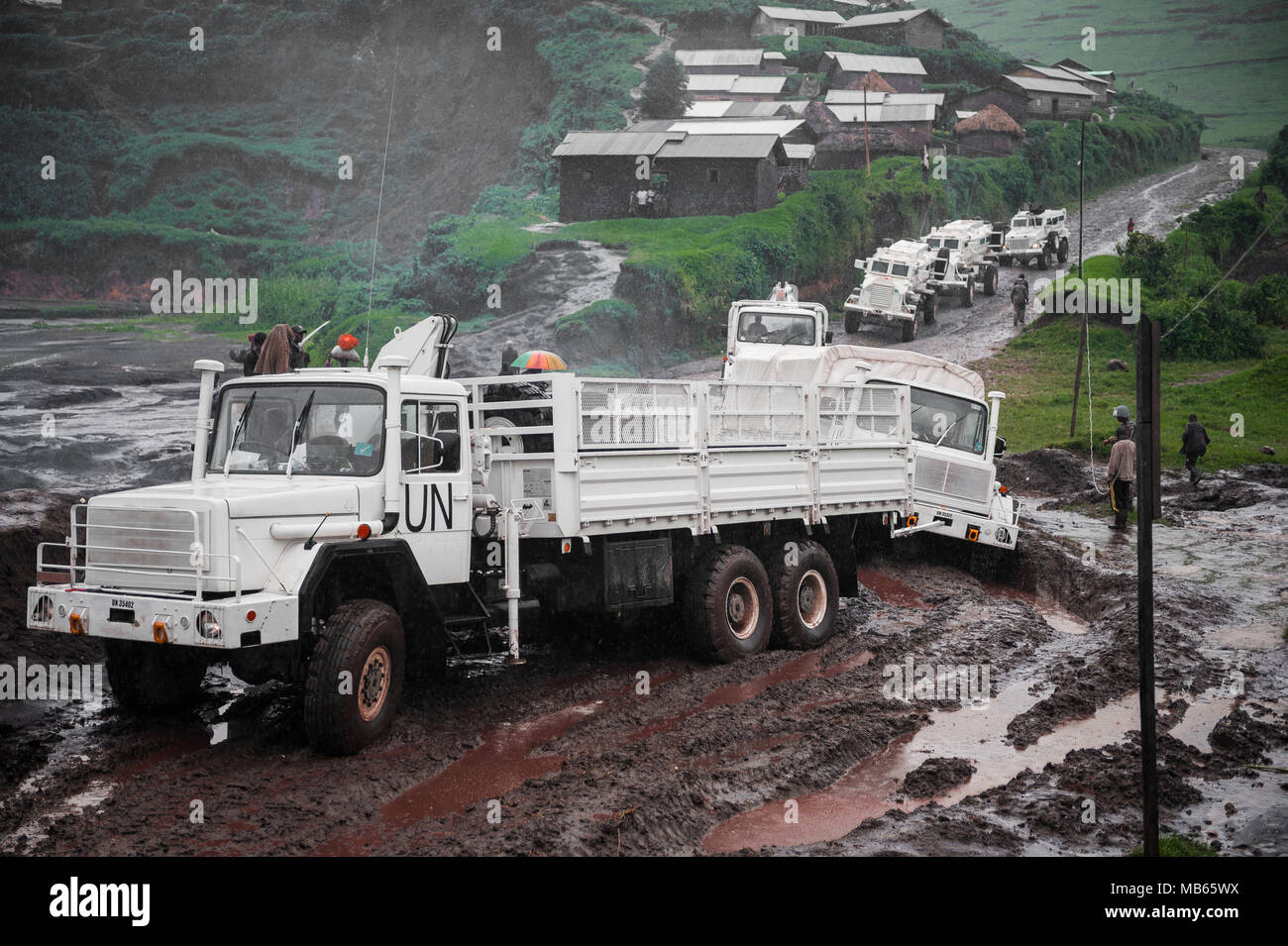 A convoy of South African UN peacekeepers struggle through the DRC roads enroute to Masisi. A ...