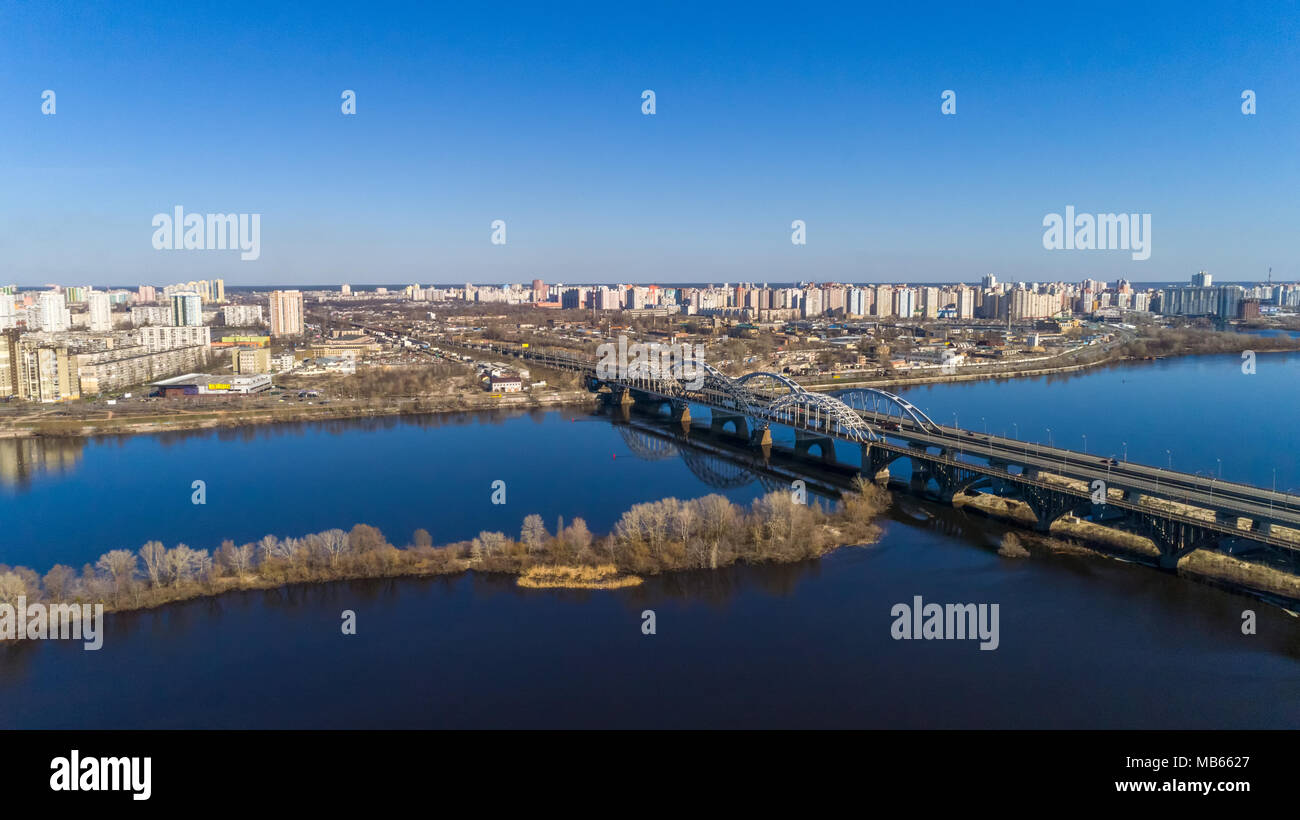 Aerial view of the city, Ukraine. Dnieper river with bridges ...