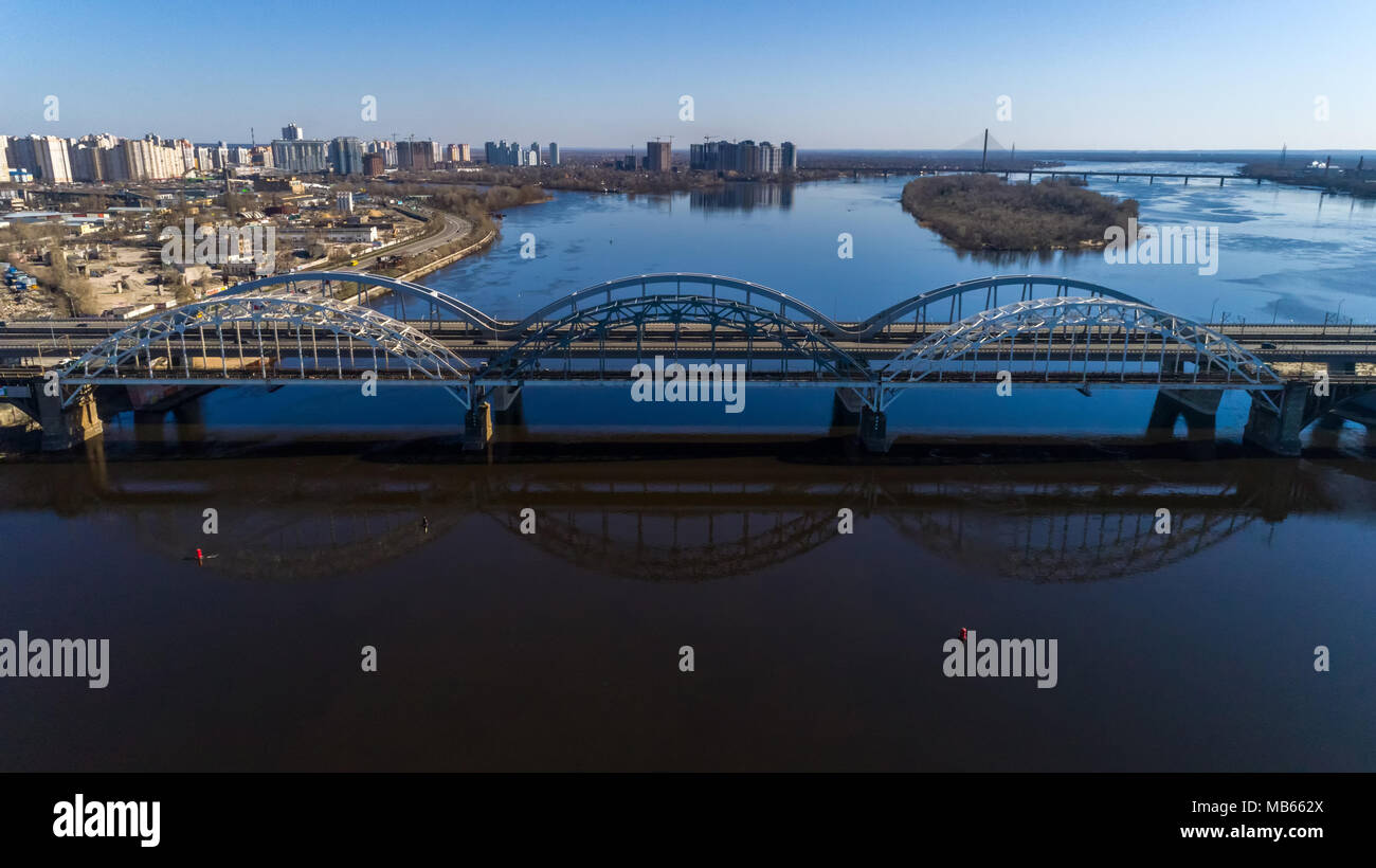 Aerial view of the city, Ukraine. Dnieper river with bridges ...