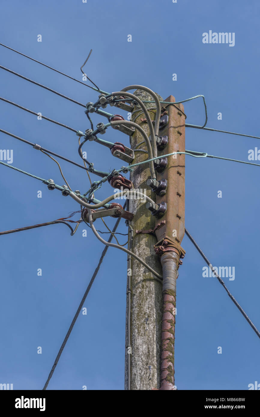 Local overhead domestic electricity distribution network pole to houses ...
