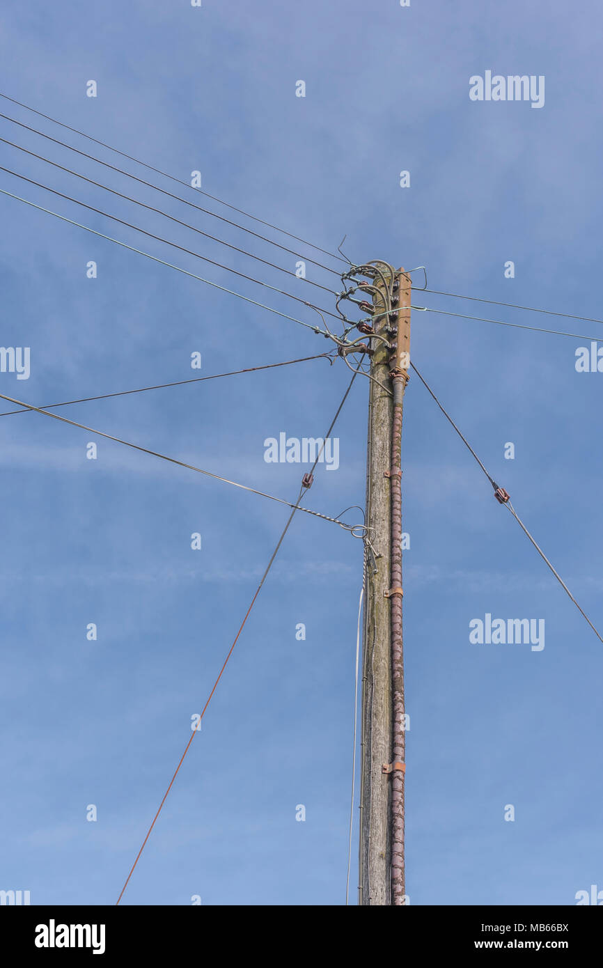 Local overhead domestic electricity distribution network pole to houses ...