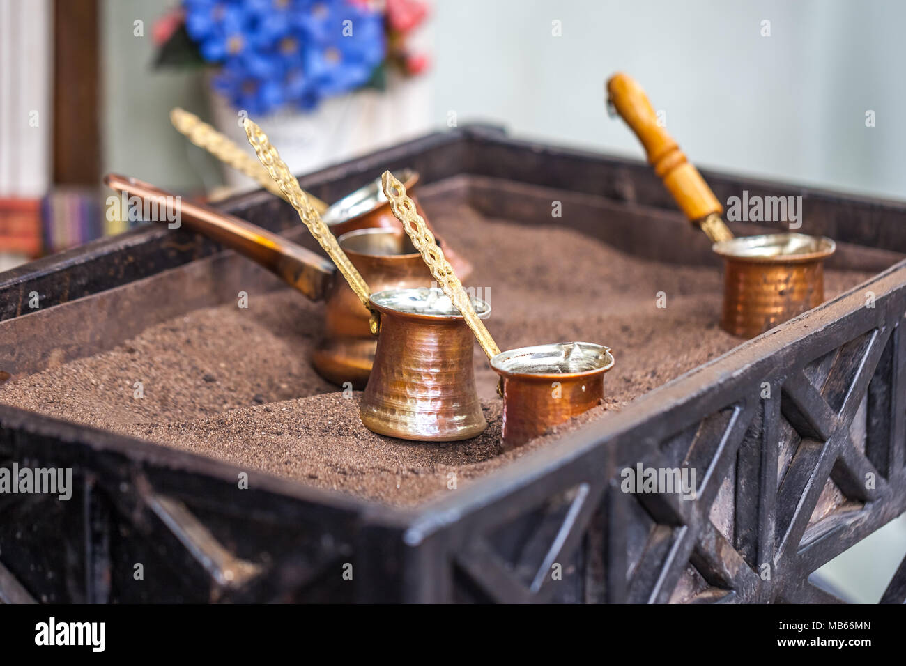 Turkish coffee prepared on hot sand for an unique taste and aroma Stock ...