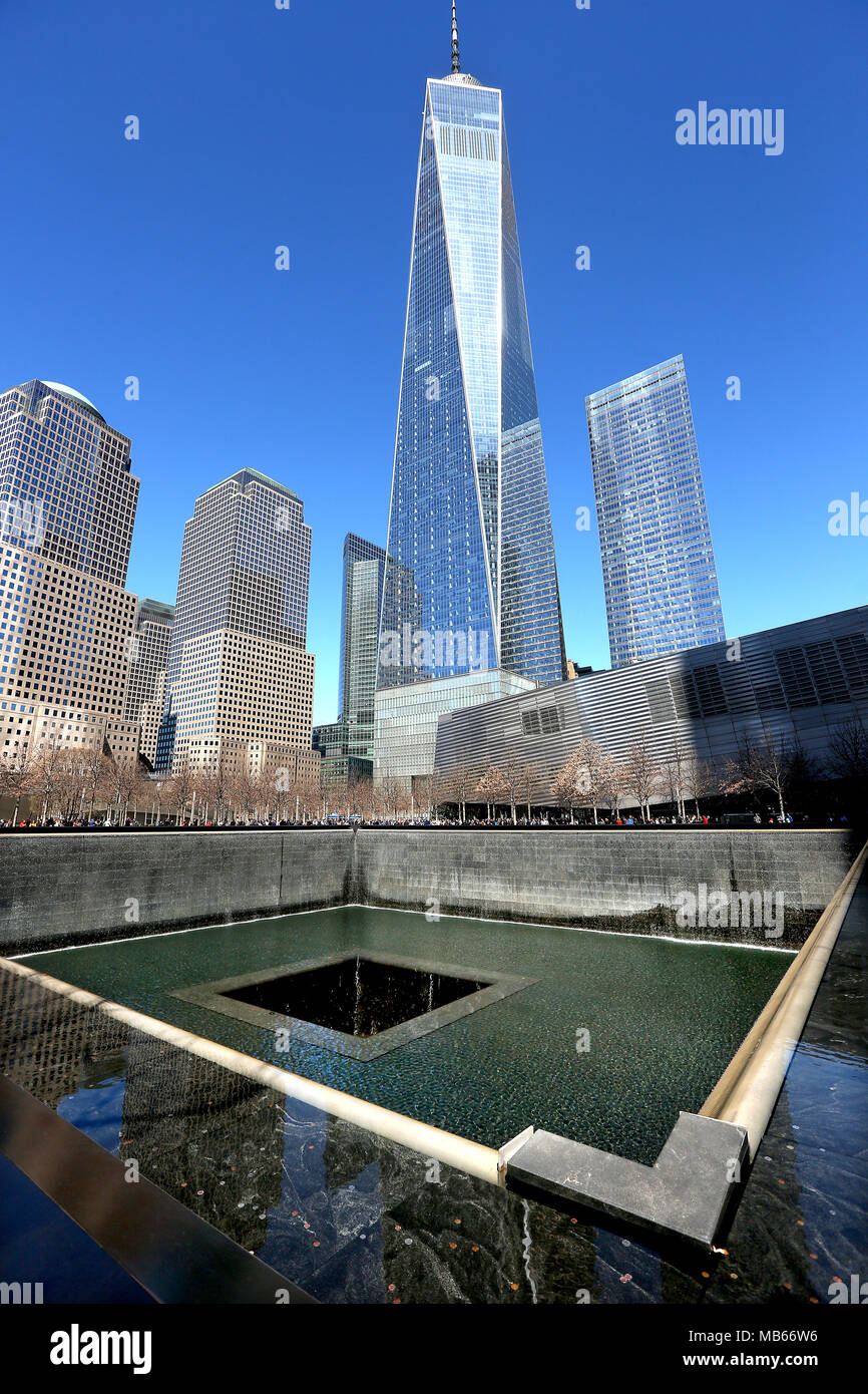 The iconic One Trade Center pictured with the South pool of the Twin ...