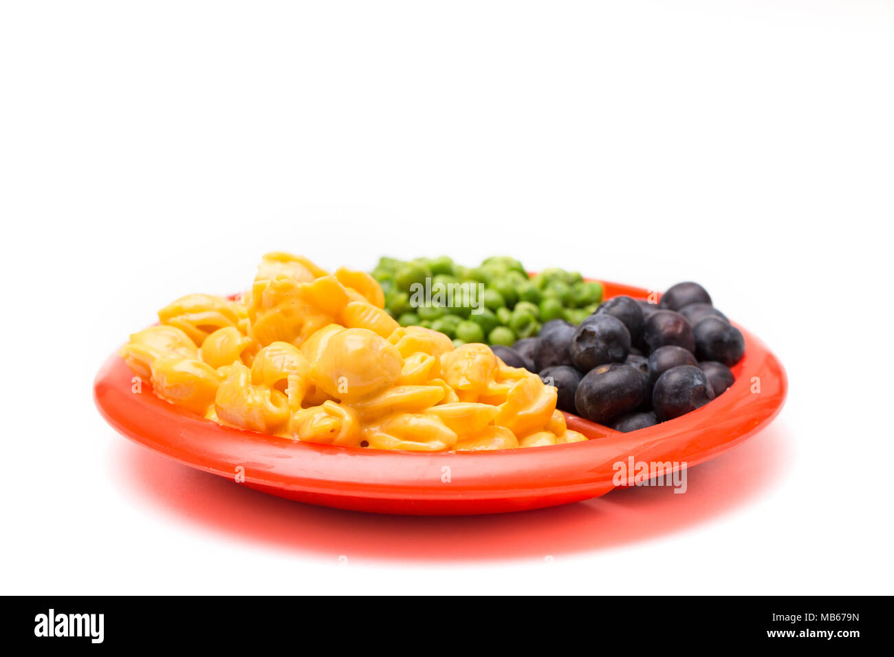 Child's Meal of Macoroni Shells and Cheese, Peas and Blueberries - A ...