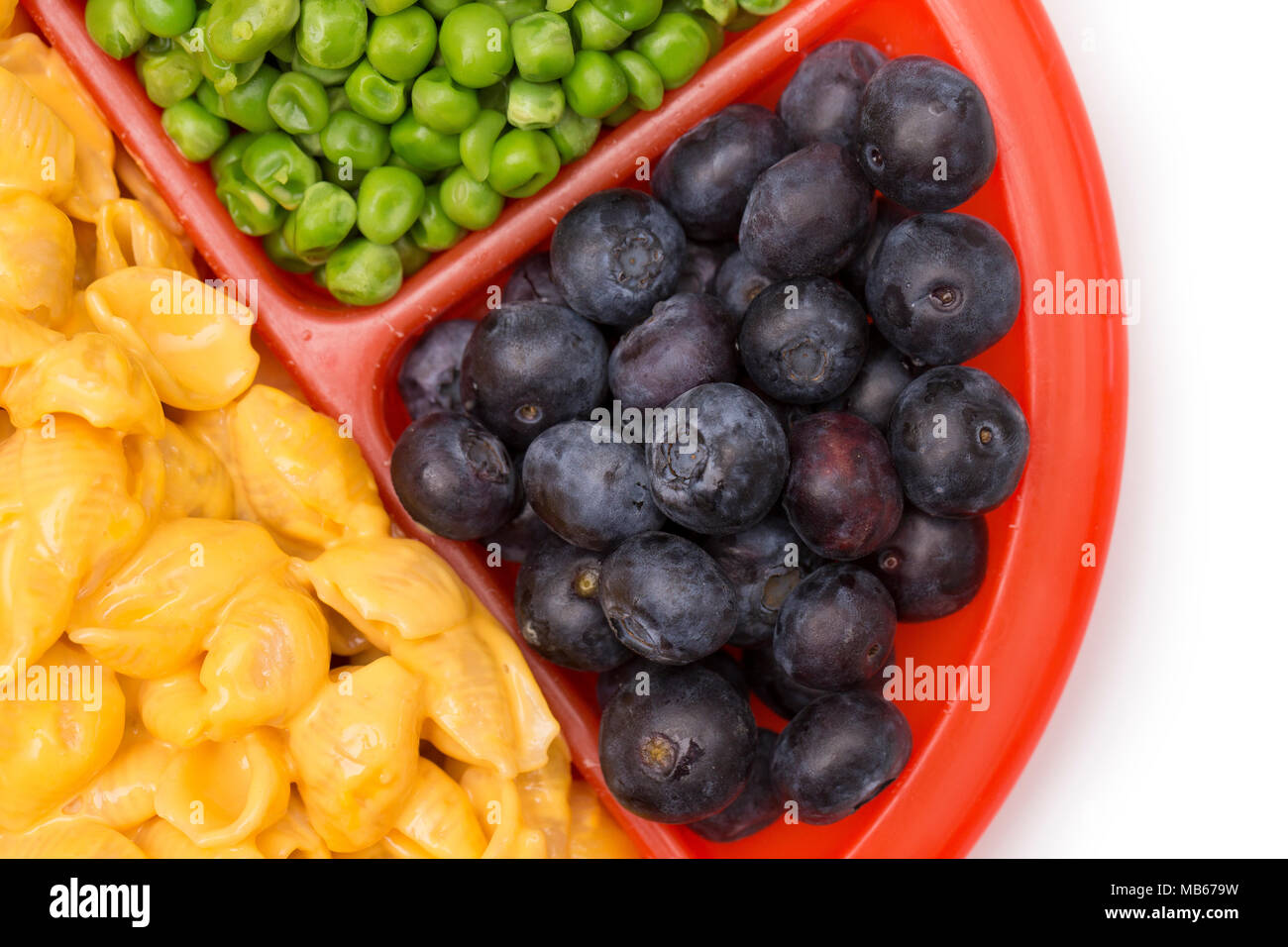 Child's Meal of Macoroni Shells and Cheese, Peas and Blueberries - A ...