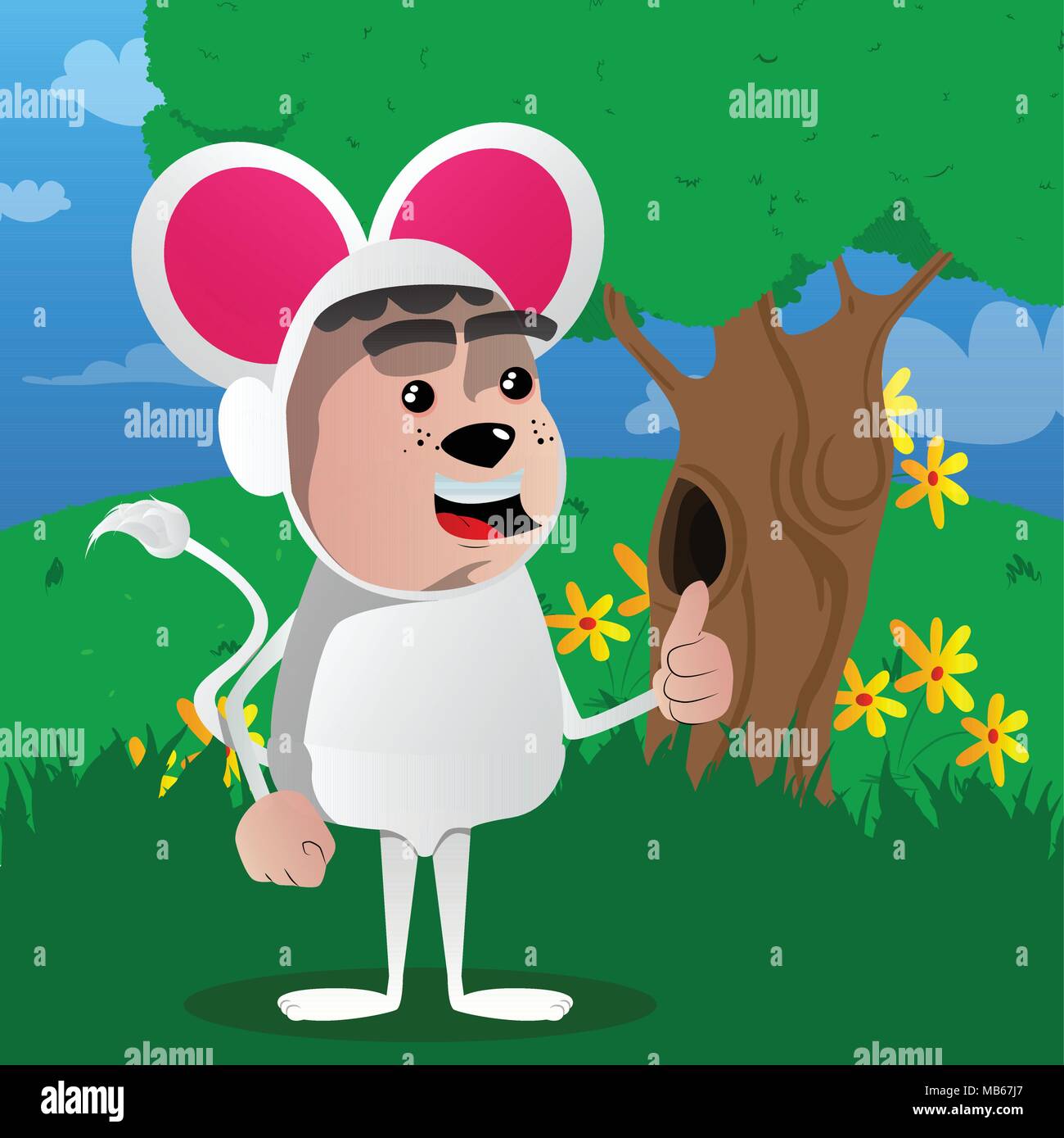 Boy dressed as mouse making thumbs up sign. Vector cartoon character ...