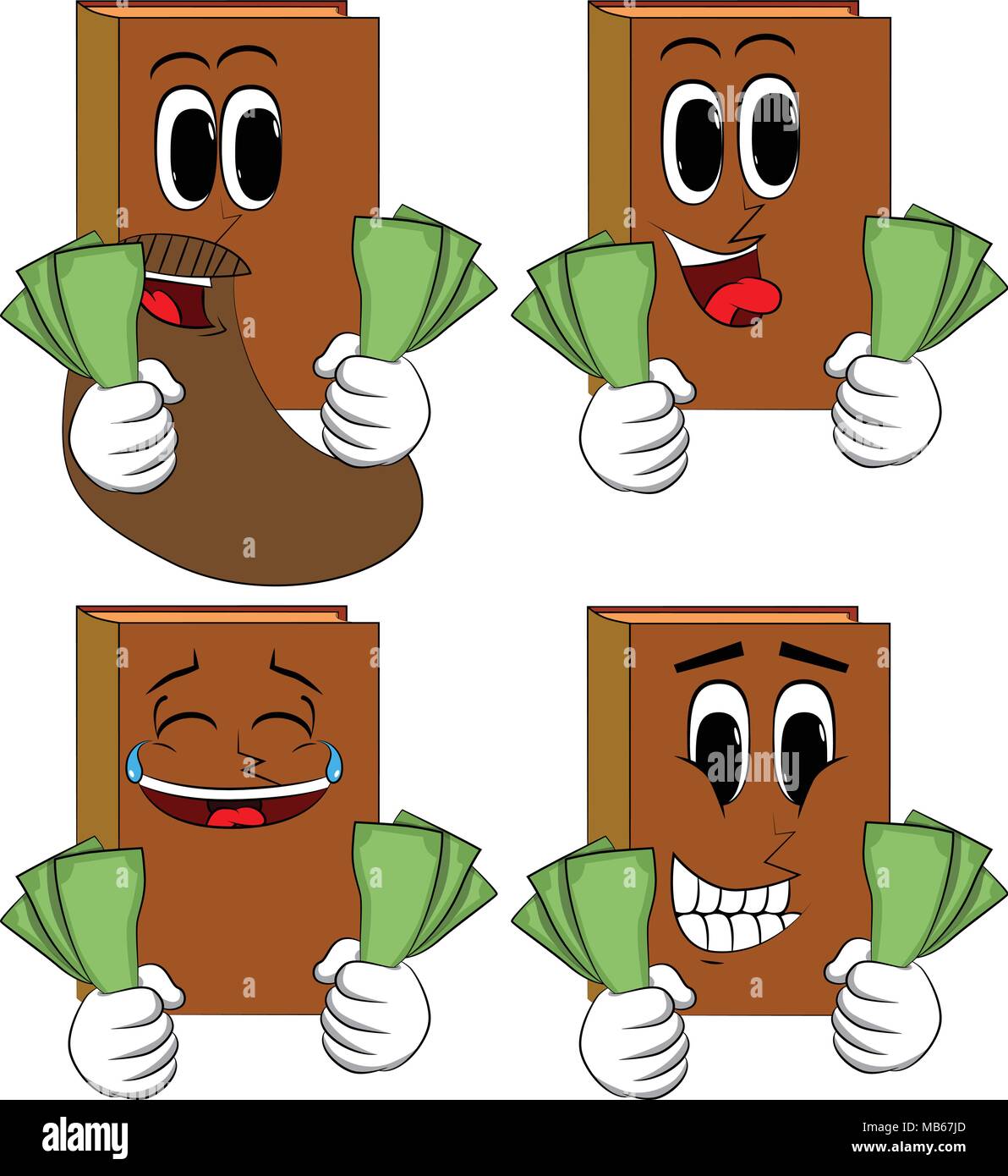 Books holding or showing money bills. Cartoon book collection with ...