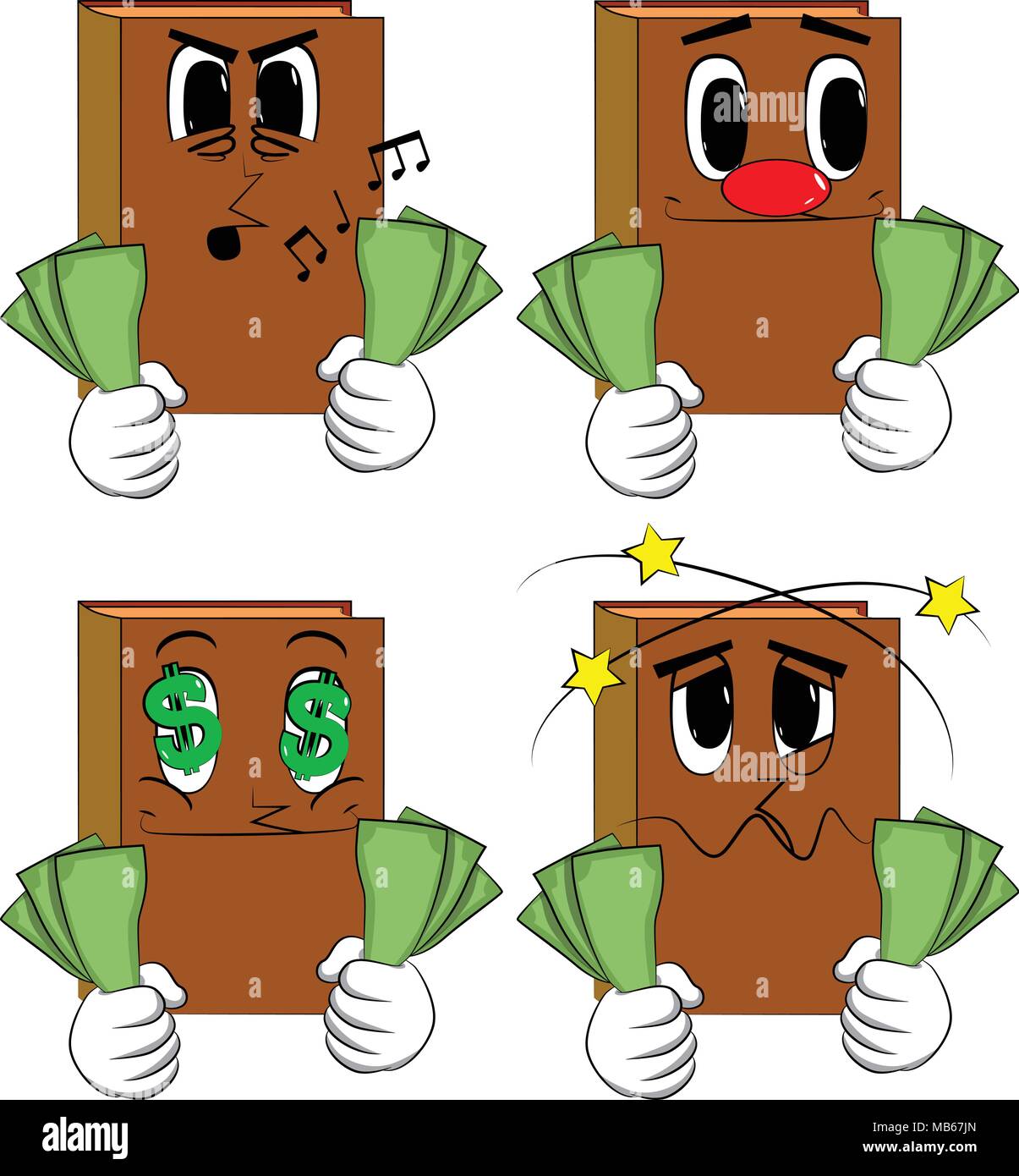 Books holding or showing money bills. Cartoon book collection with ...
