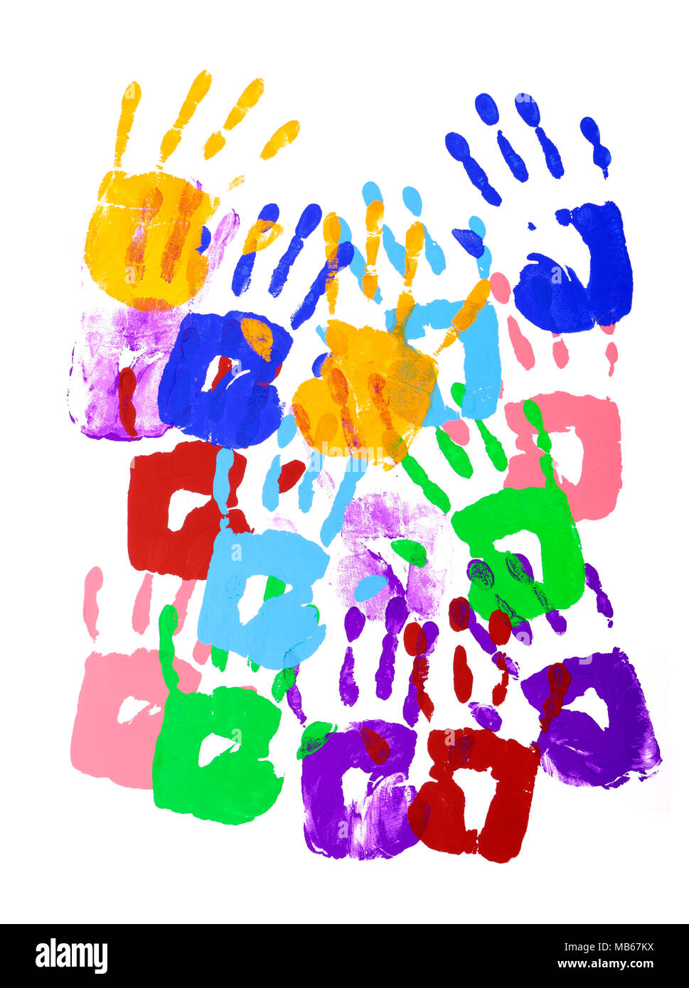 Multicolor handprints on a white background Stock Photo - Alamy