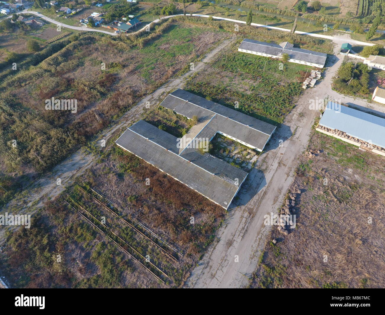 The building of an old farm for cattle. Top view of the farm. Storage ...