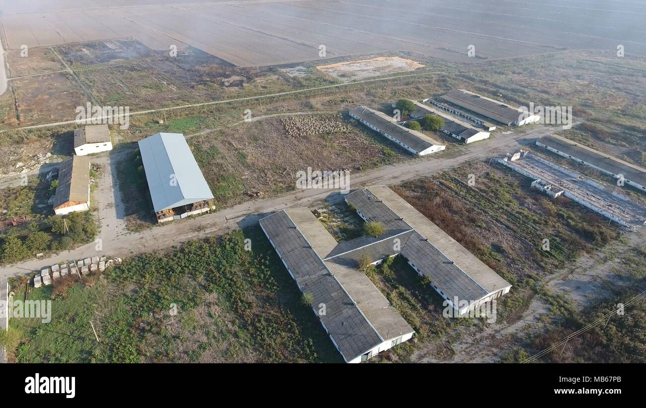 The building of an old farm for cattle. Top view of the farm. Storage ...