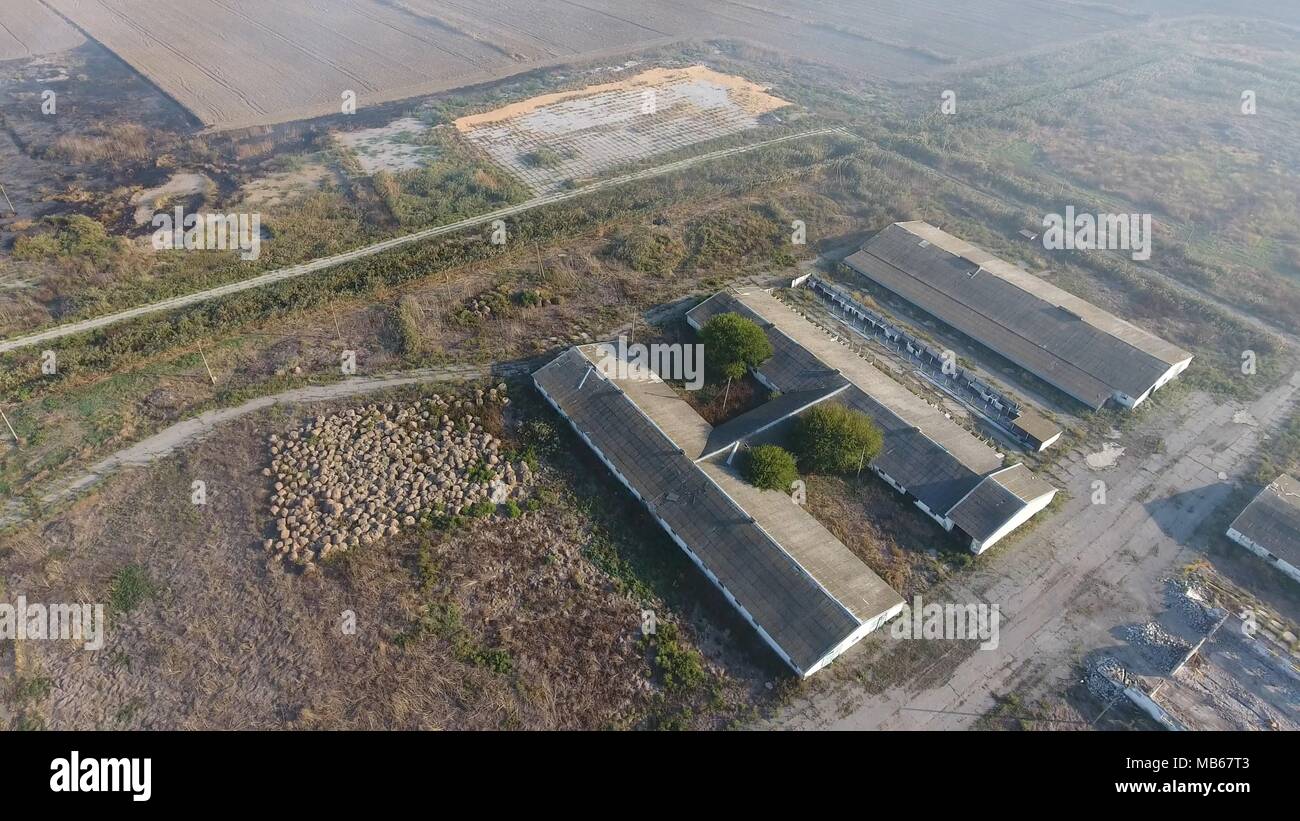 The building of an old farm for cattle. Top view of the farm. Storage ...