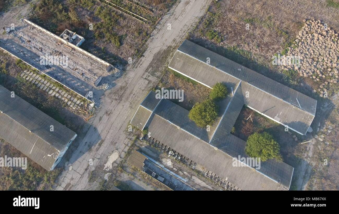 The building of an old farm for cattle. Top view of the farm. Storage ...