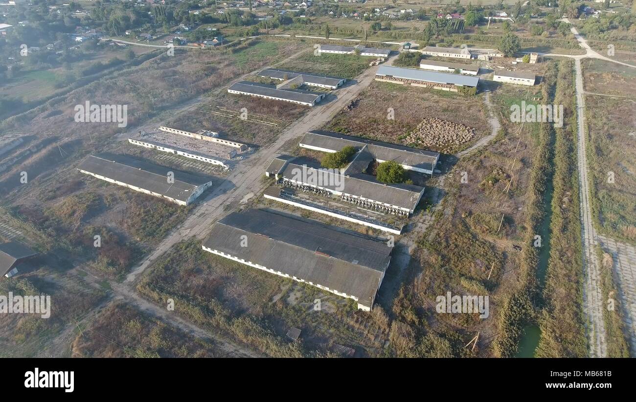 The building of an old farm for cattle. Top view of the farm. Storage ...