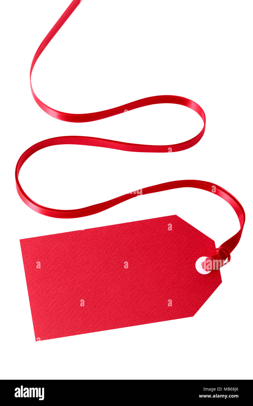 Red gift tag or price ticket with red ribbon isolated on white (with ...