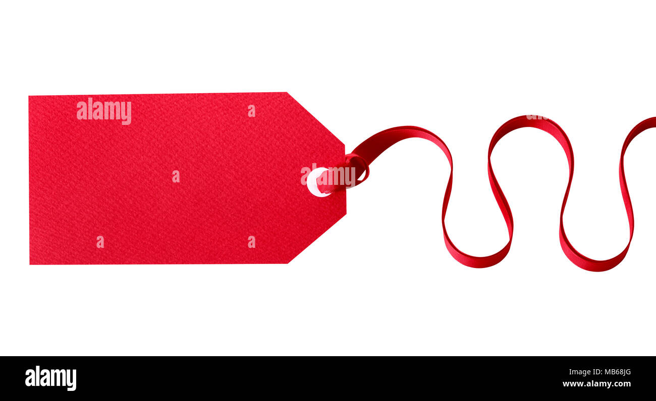 Red gift tag with red ribbon isolated on white Stock Photo - Alamy