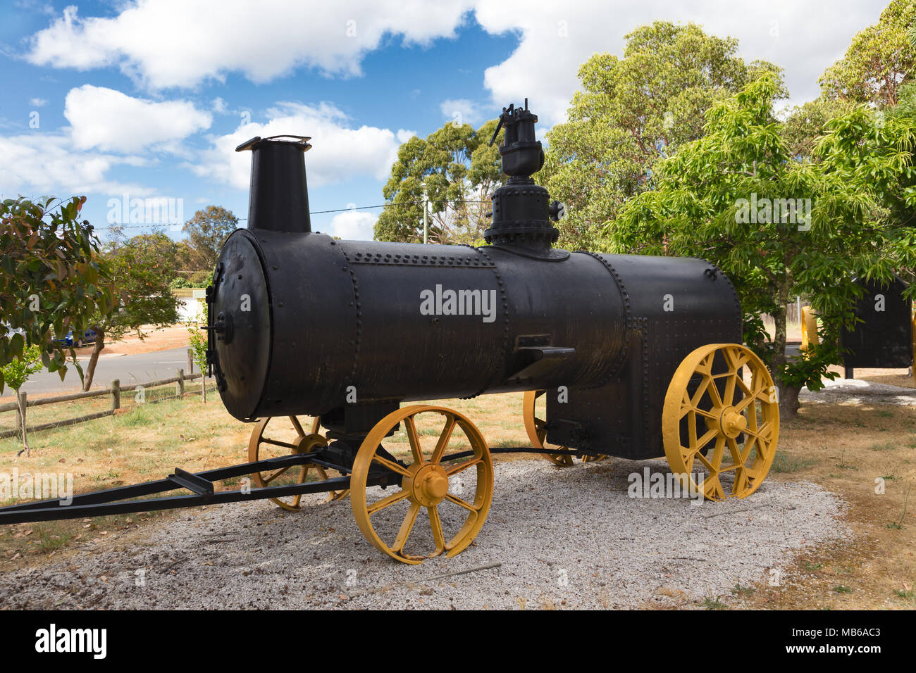 A static, steam engine on display in the Heritage Park, Greenbushes ...
