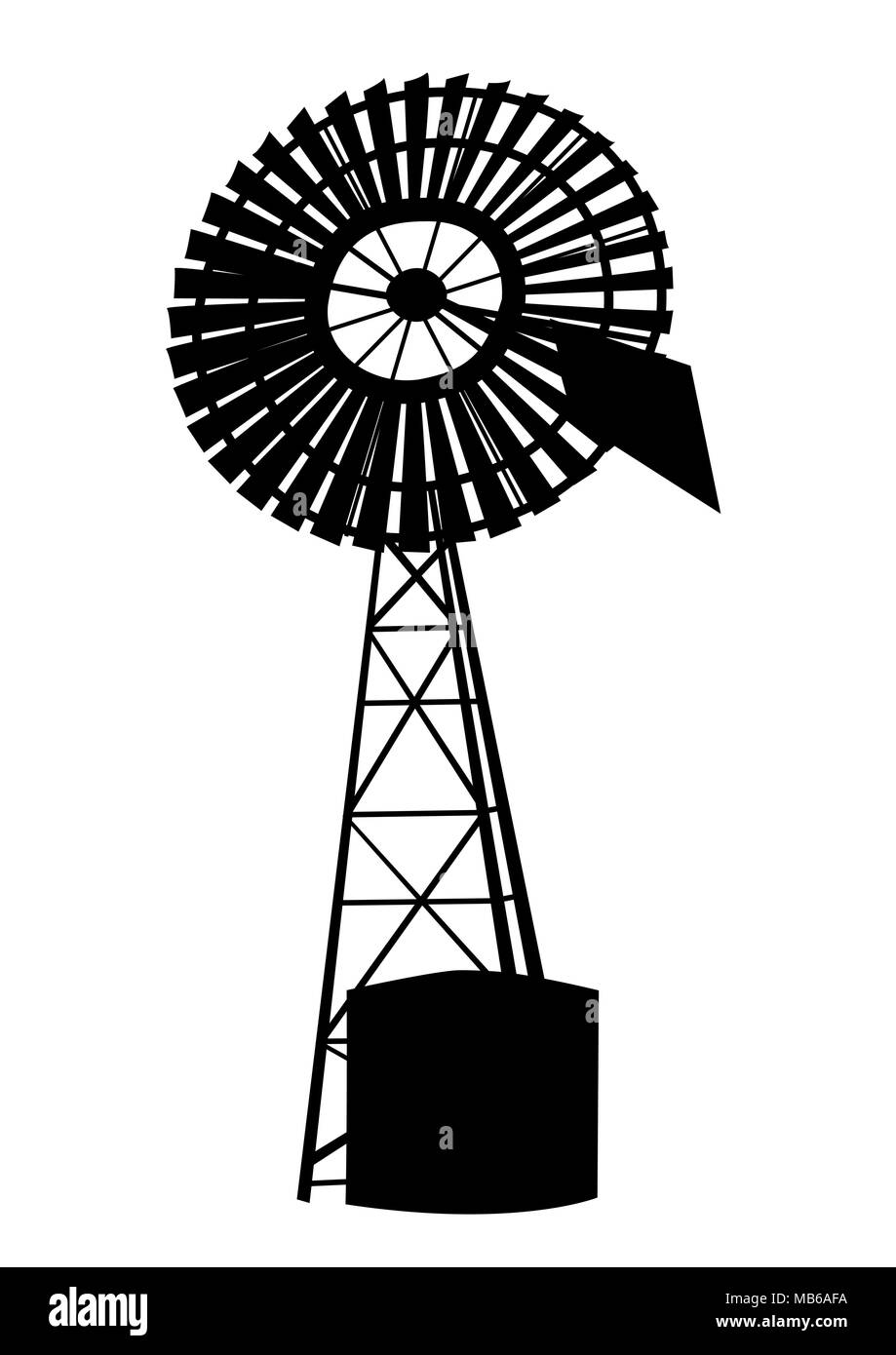 Silhouette of Australian windmill on a white background with water tank ...
