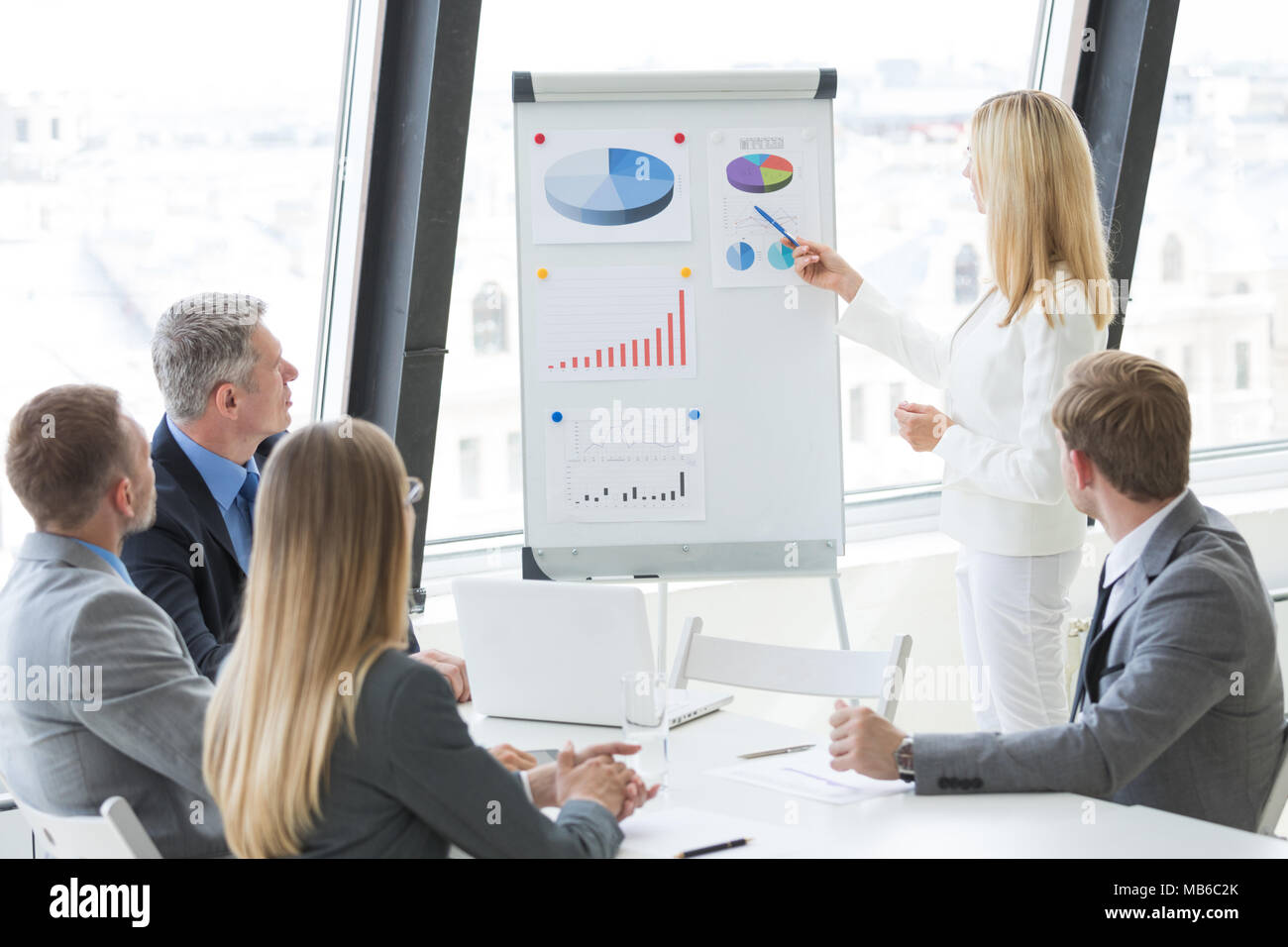Business presentation of statistics, business woman pointing at ...