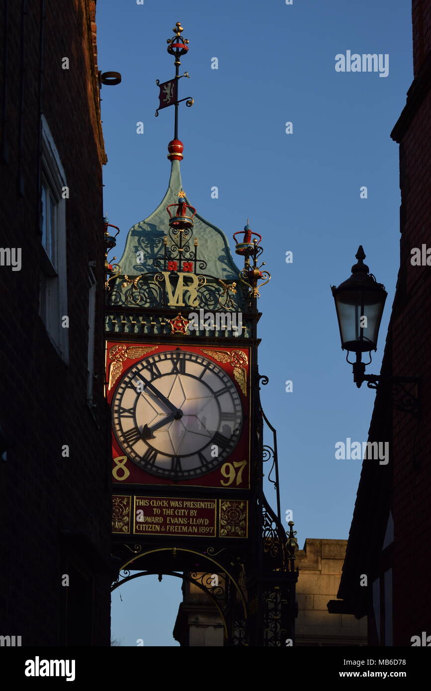 Chester's Eastgate clock soaking in the morning sunshine Stock Photo ...