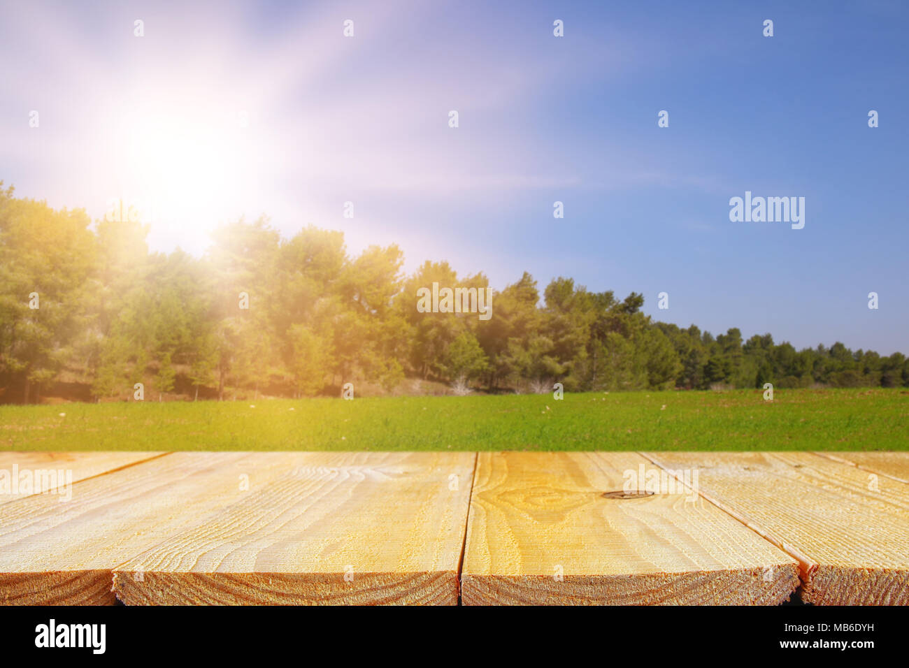Empty rustic table in front of countryside background. product display ...