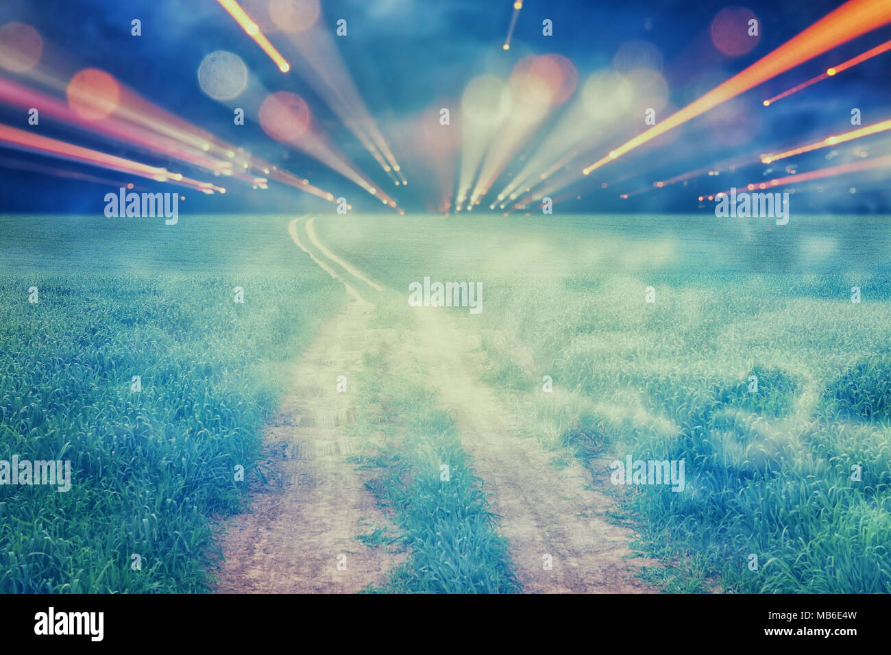 Surreal fantasy concept - strange lights in night field landscape ...