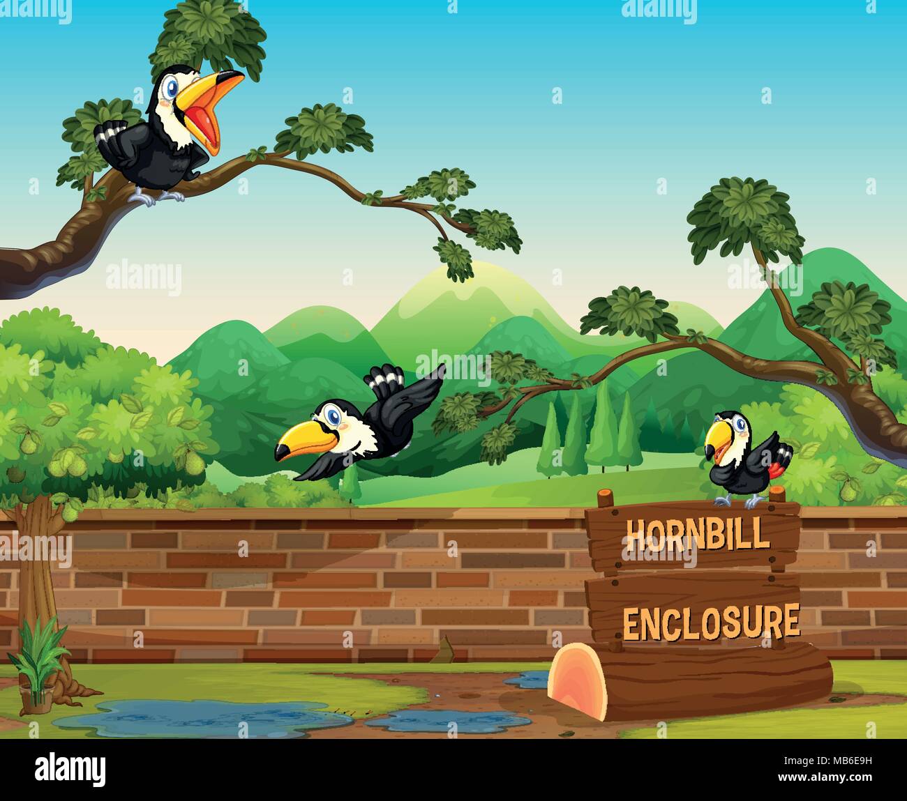 Scene with three hornbill birds in zoo illustration Stock Vector Image ...