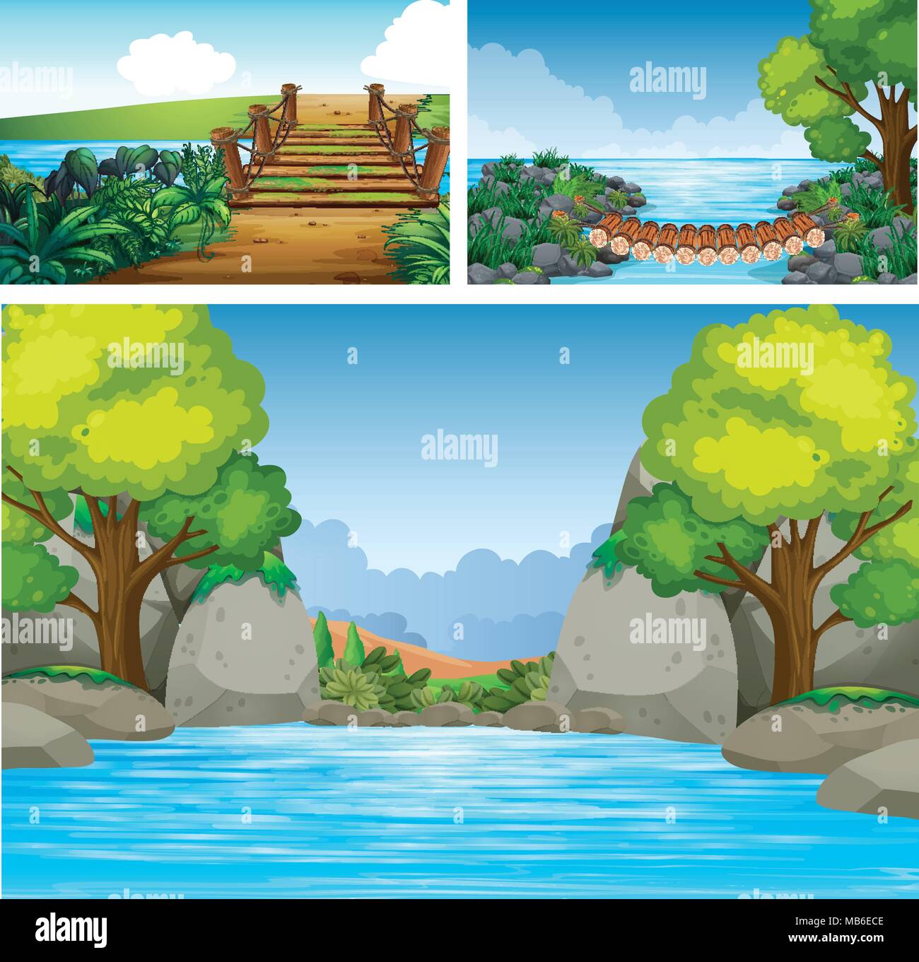 Three background scenes with river and trees illustration Stock Vector ...