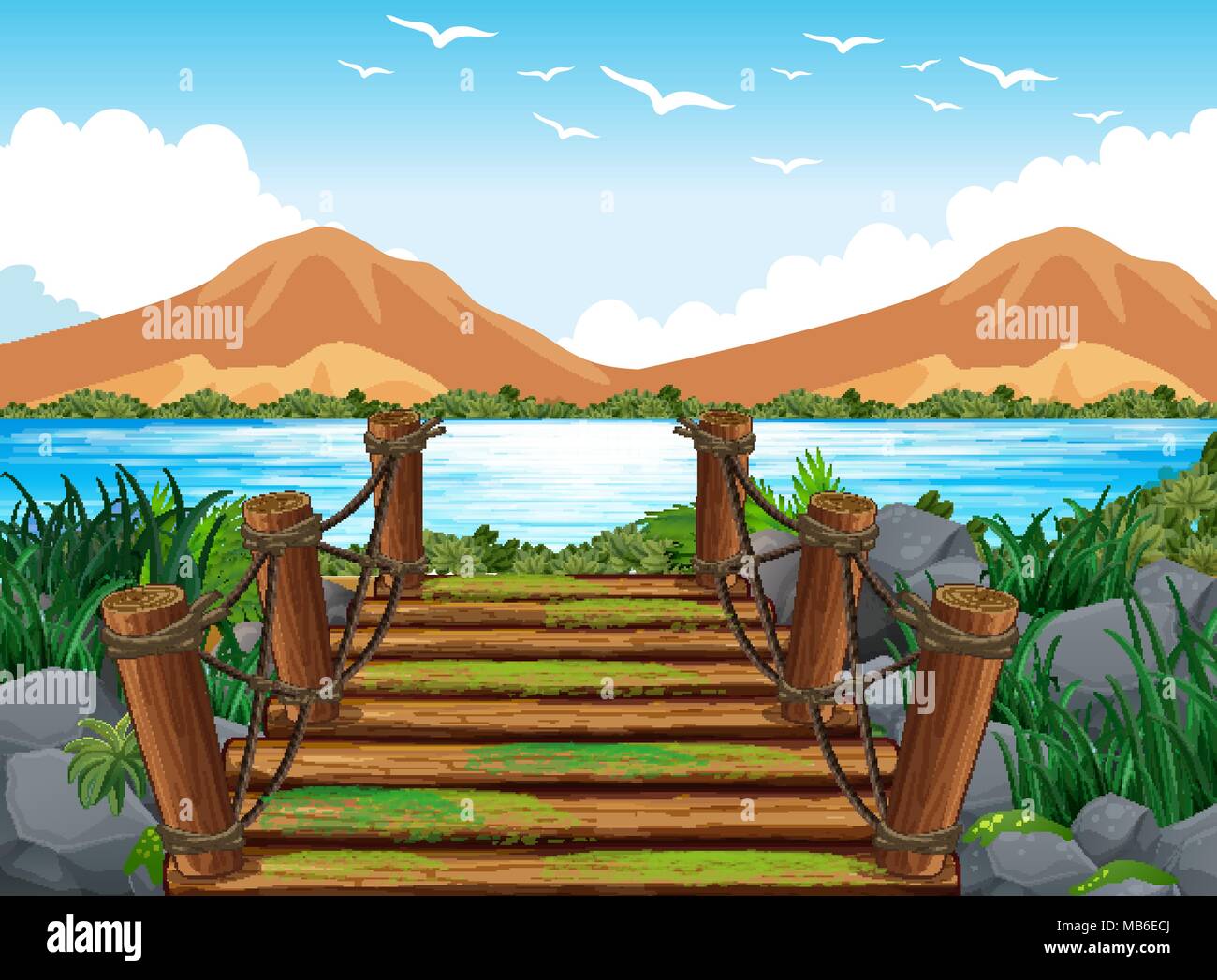 Background scene with wooden bridge to the lake illustration Stock ...