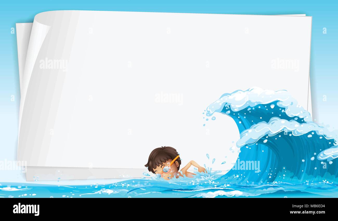 Border template with boy swimming in ocean illustration Stock Vector ...