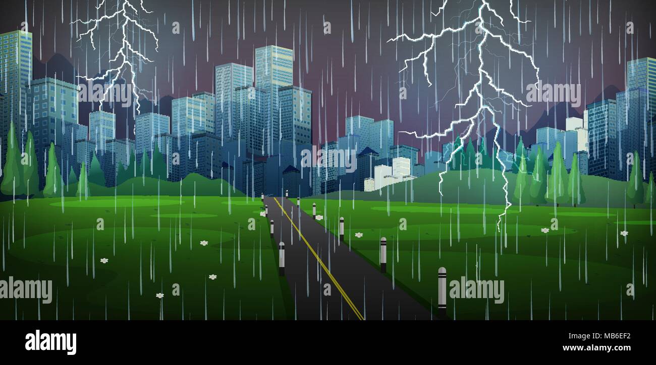 City scene with rain and thunders illustration Stock Vector Image & Art ...