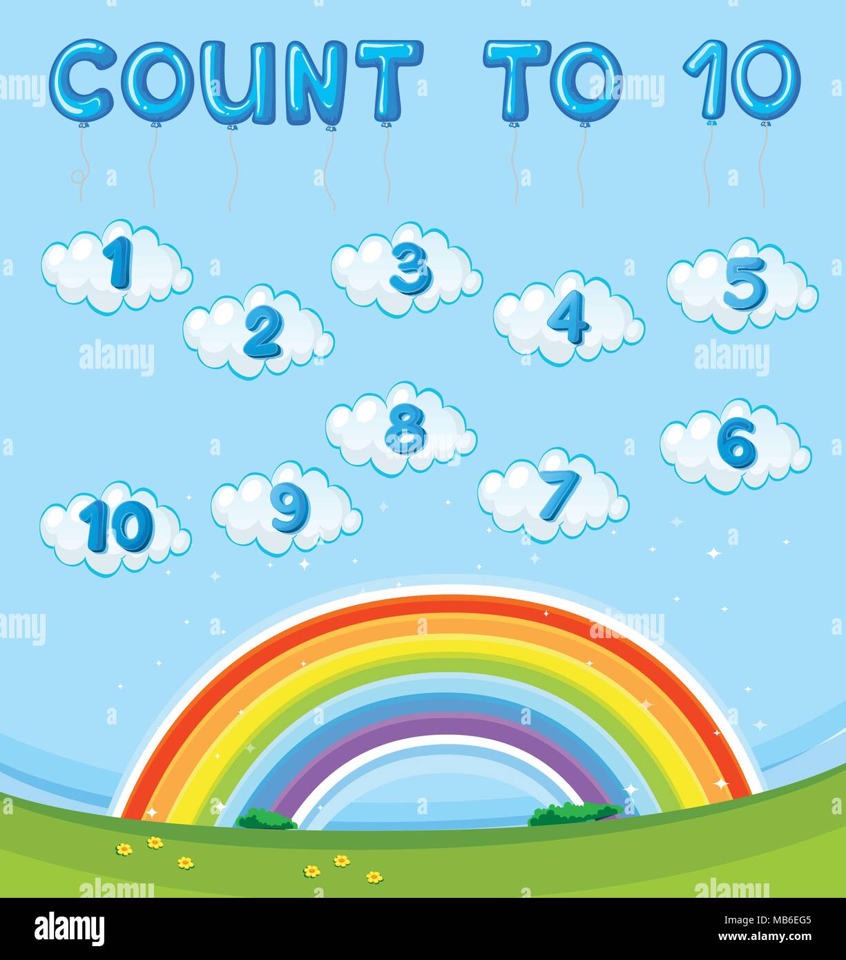 Math worksheet with counting to ten with rainbow in sky illustration ...