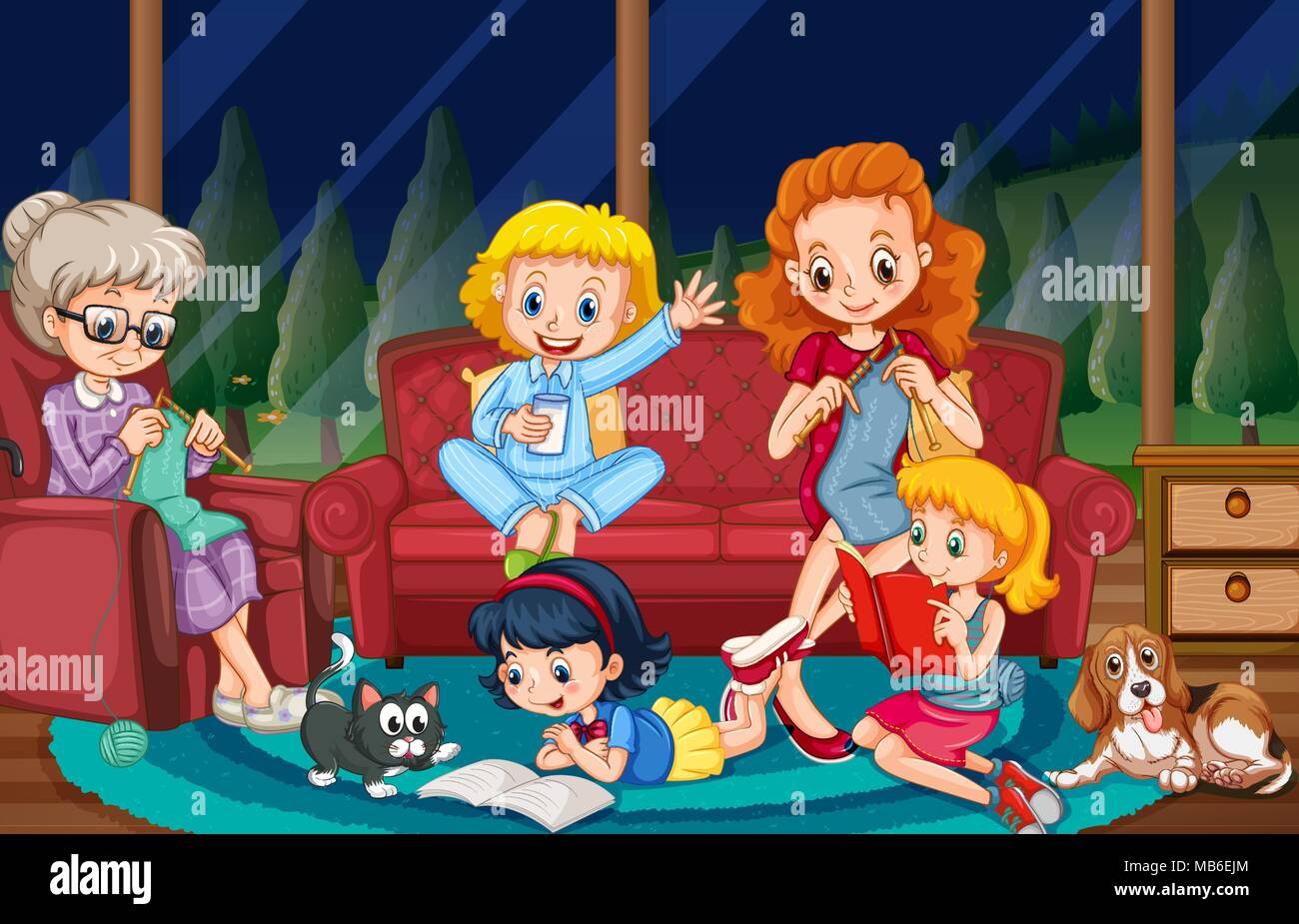 People in family doing different things in living room illustration ...