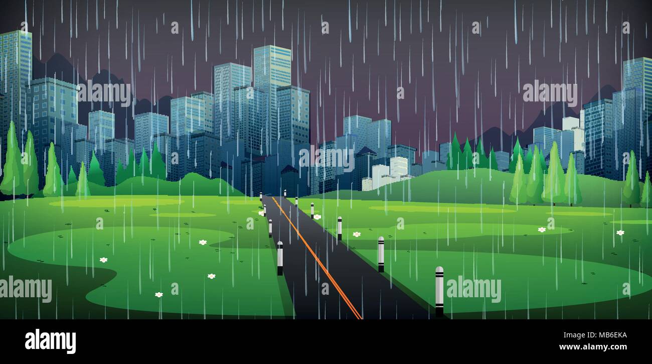 Background scene with raining in the city illustration Stock Vector ...