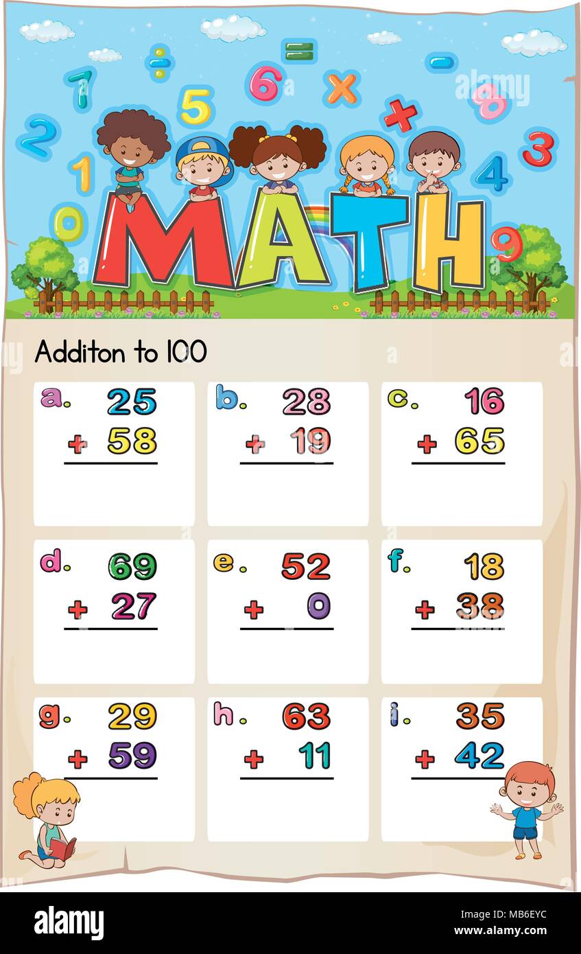 Math worksheet design for addition to 100 illustration Stock Vector ...