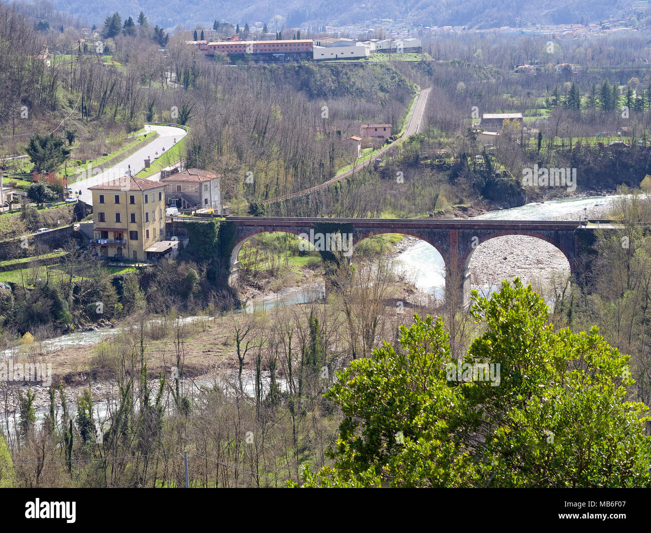 River Serchio seen from Ponte di Campia in Garfagnana region of Italy ...