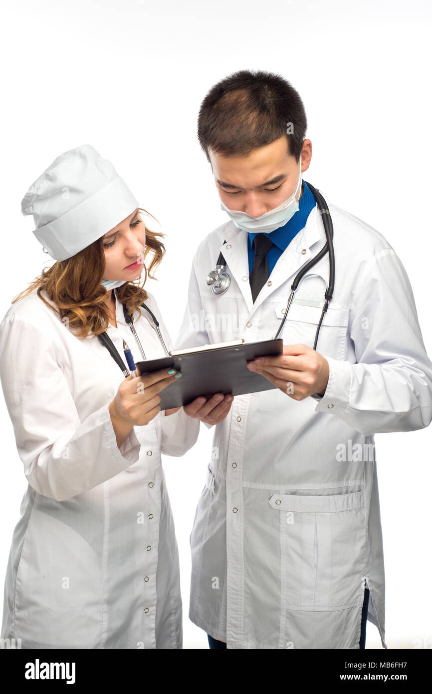 Two doctors discussing results of the analysis ( isolated on white ...