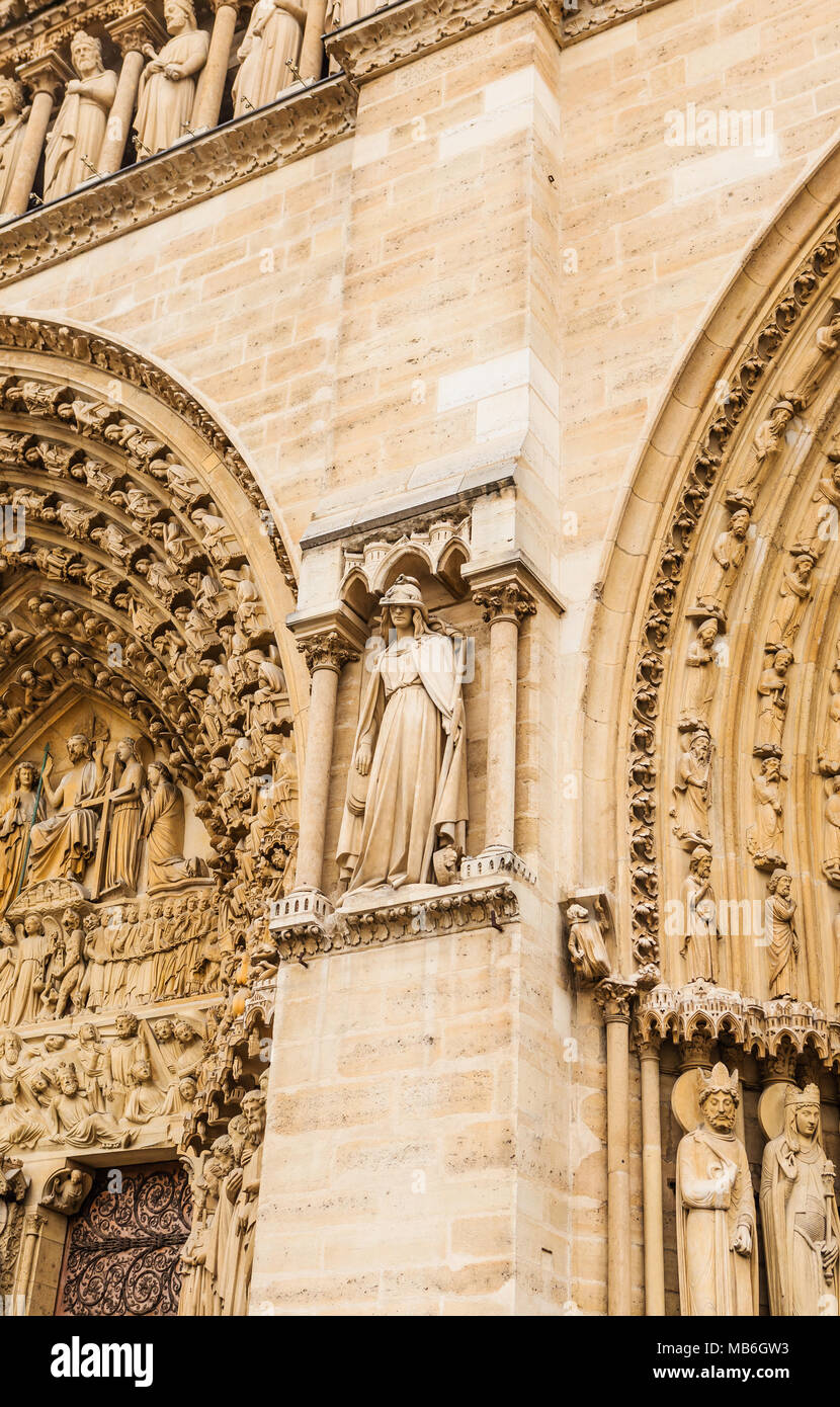 Fragmen of facade of Notre Dame Cathedral on Cite Island. Paris, France ...