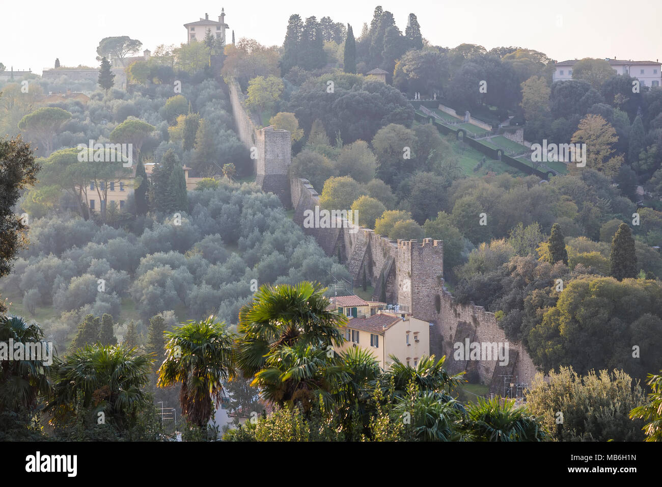 View of the old city wall of Florence from Piazzale Michelangelo ...
