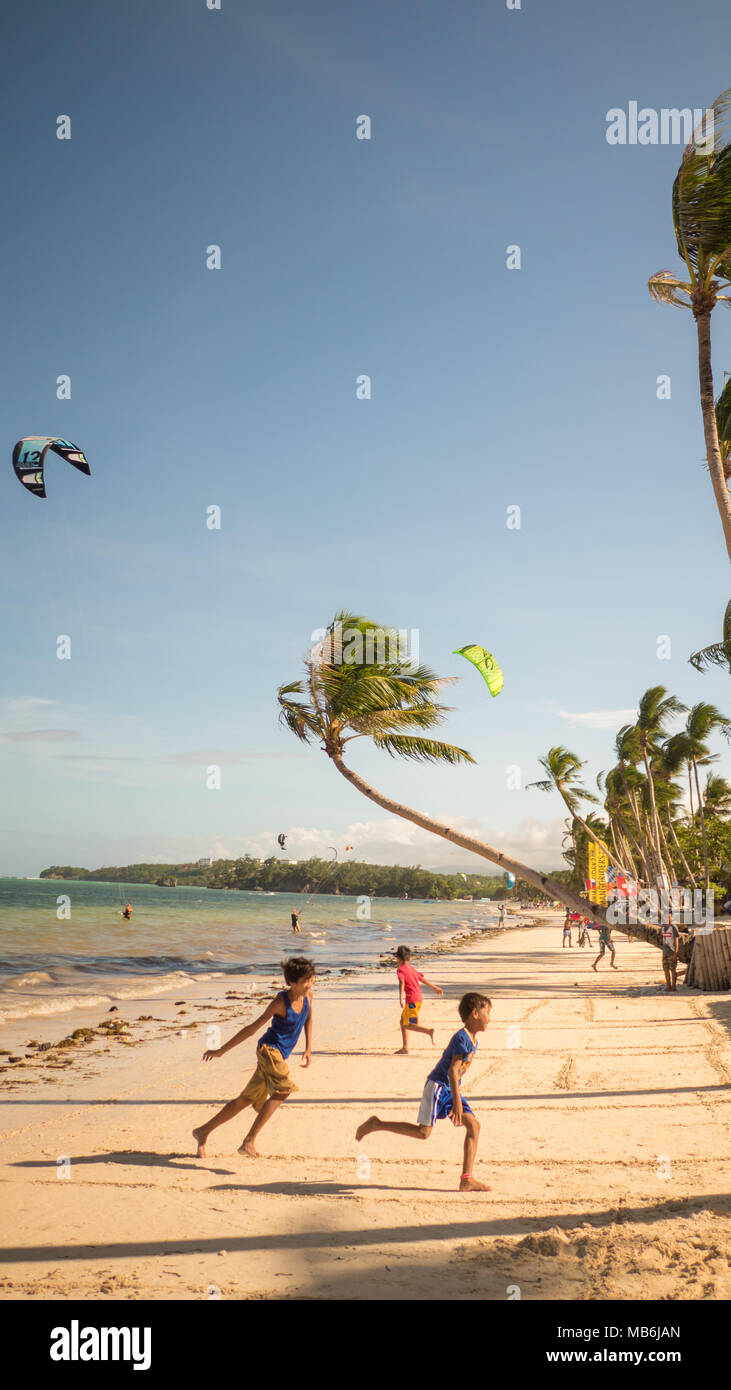 Boracay, Philippines - January 5, 2018: Kiteboarding. People enjoying ...