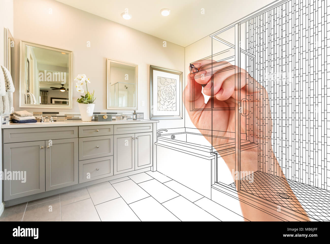 Hand Drawing Custom Master Bathroom with Photo Gradation Stock Photo ...
