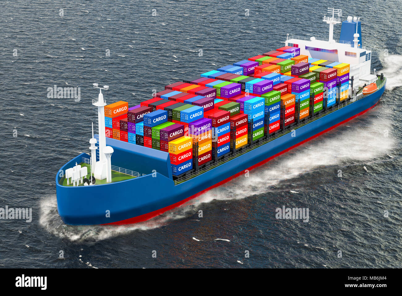 Freighter ship with cargo containers sailing in ocean, 3D rendering ...