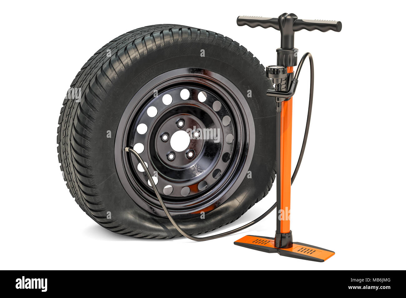 High pressure hand pump with puncture car wheel. 3D rendering isolated ...