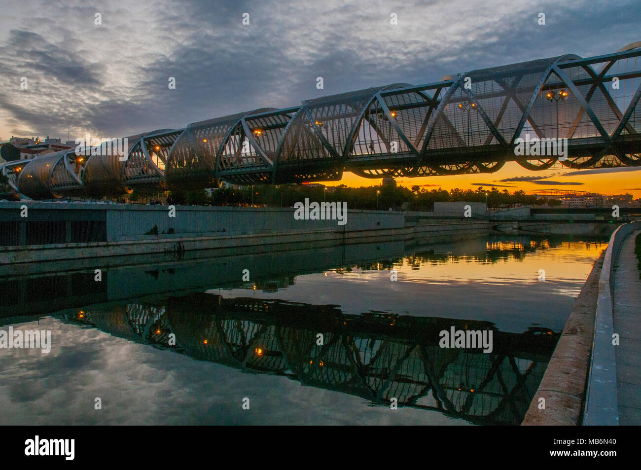 Bridge by Perrault, night view. Madrid Rio park, Madrid, Spain Stock ...