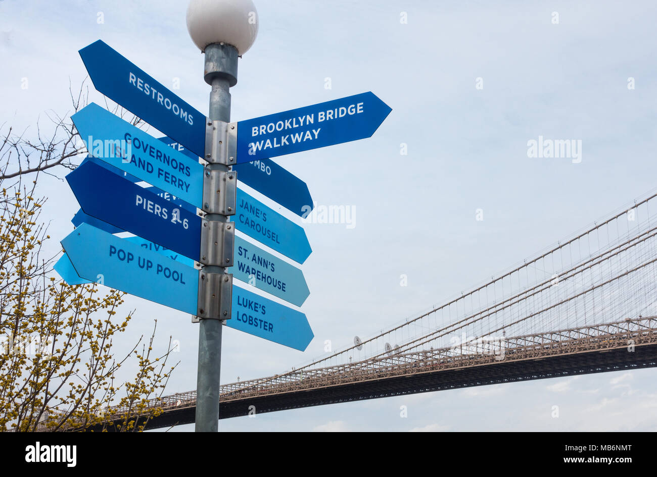 Directional signs point the way to the Brooklyn Bridge walkway and ...