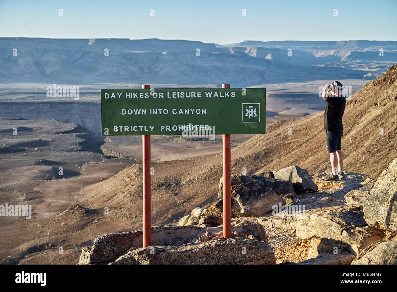 sign in front of landscape of Fish River Canyon, Namibia, Africa Stock ...