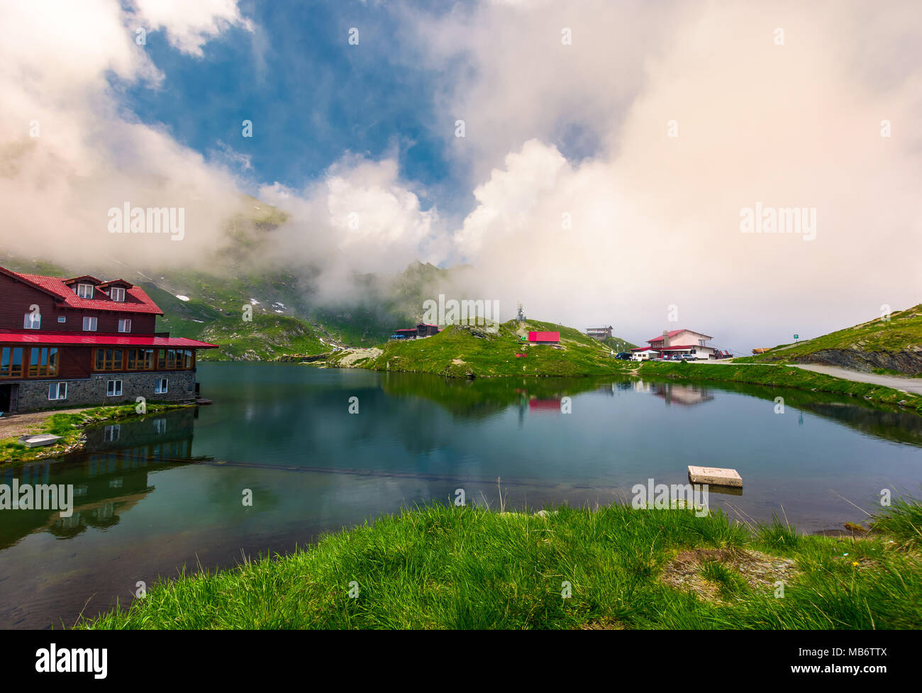 area of lake Balea in clouds. Gorgeous summer landscape of Fagarasan ...