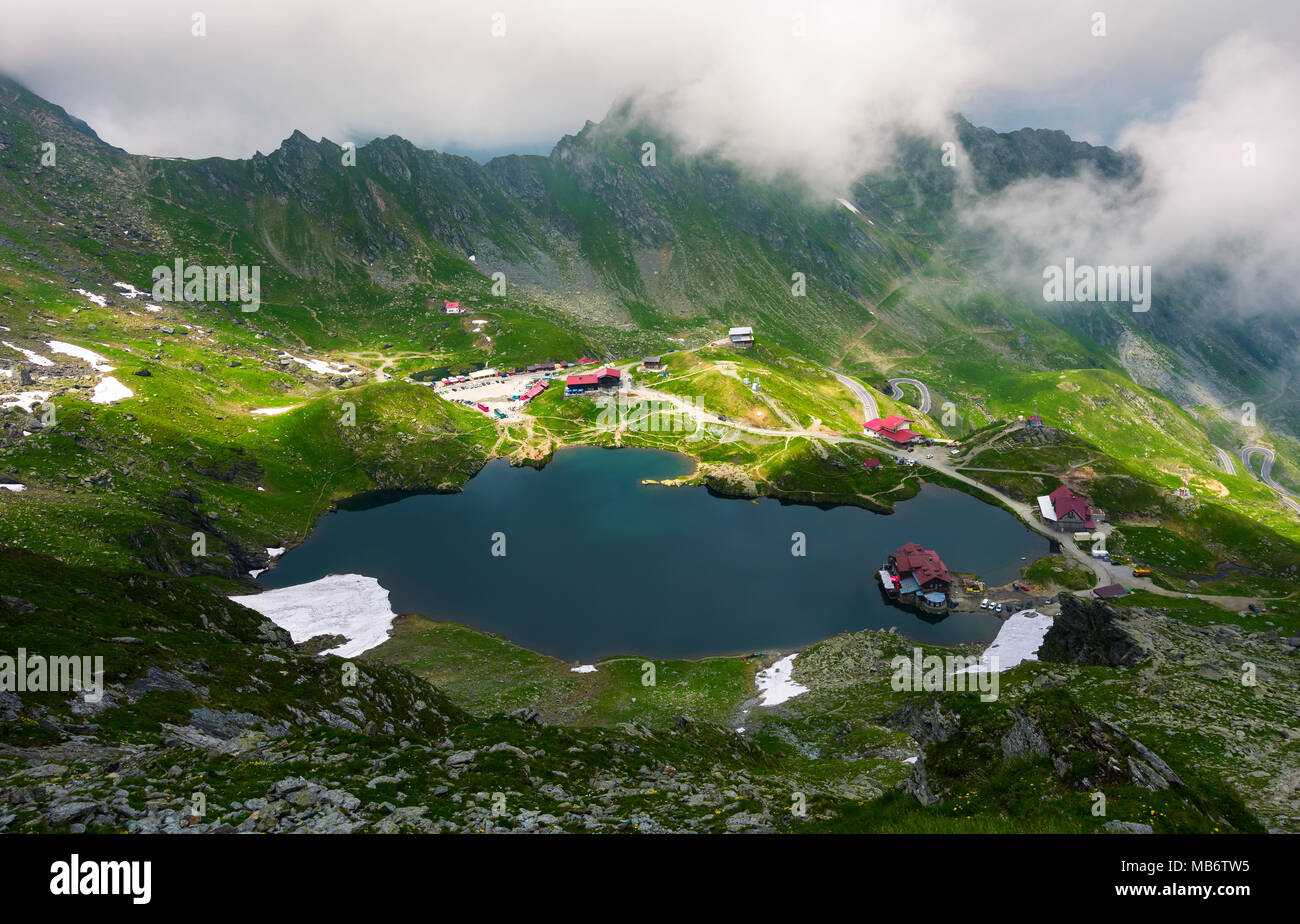 area of lake Balea in clouds. Gorgeous summer landscape of Fagarasan ...