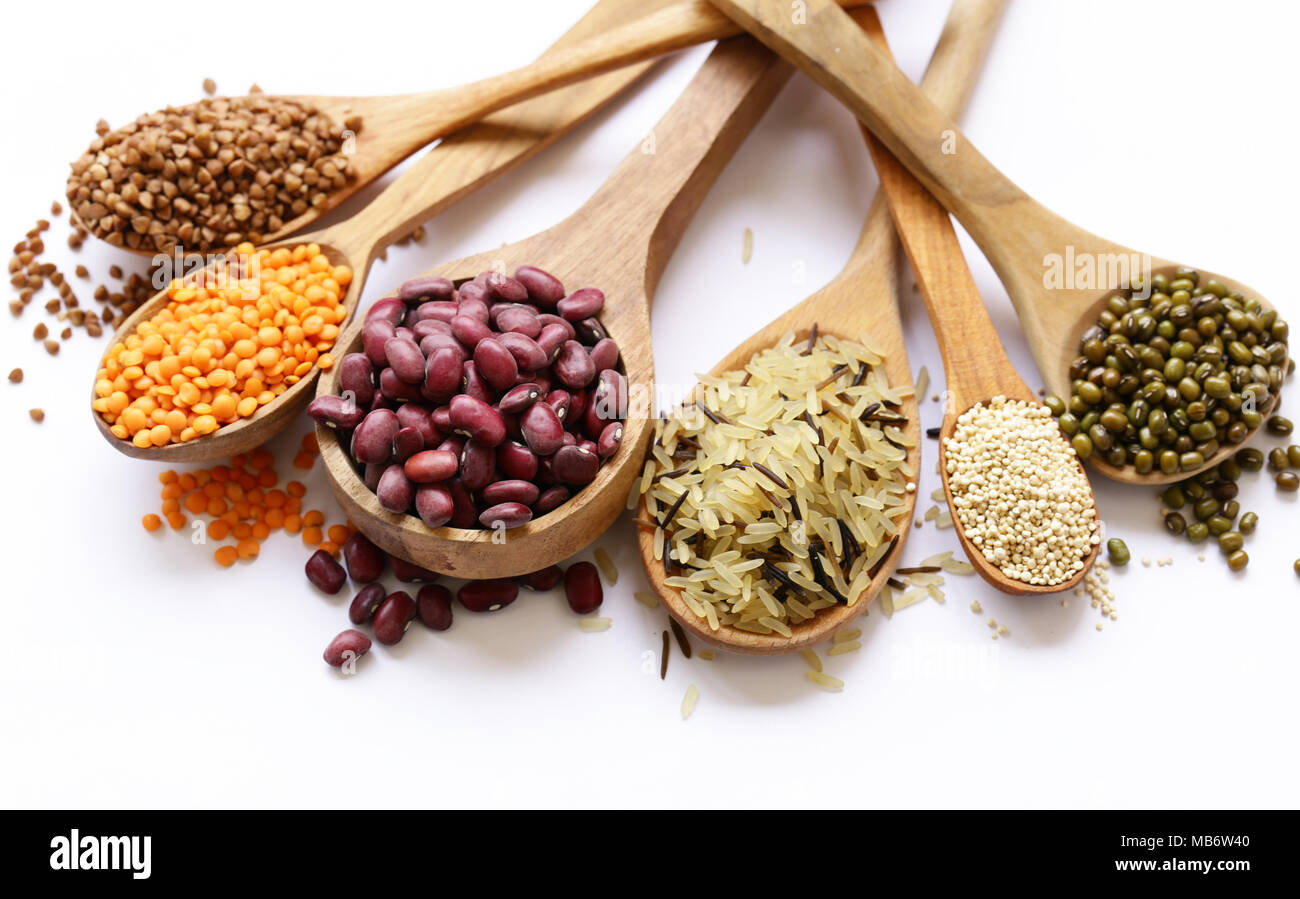 different cereals - beans, lentils, rice on a white background Stock ...